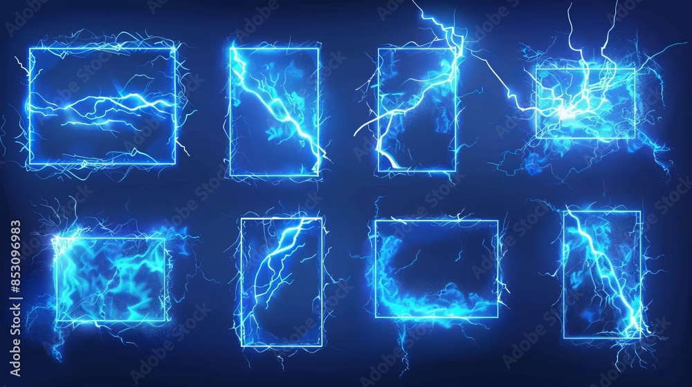 Lightning frames, blue electric borders of rectangular and square ...