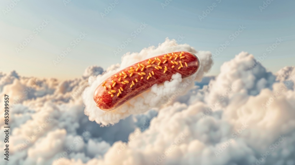 Sausage-shaped hot air balloon, high above the ground, vibrant and ...