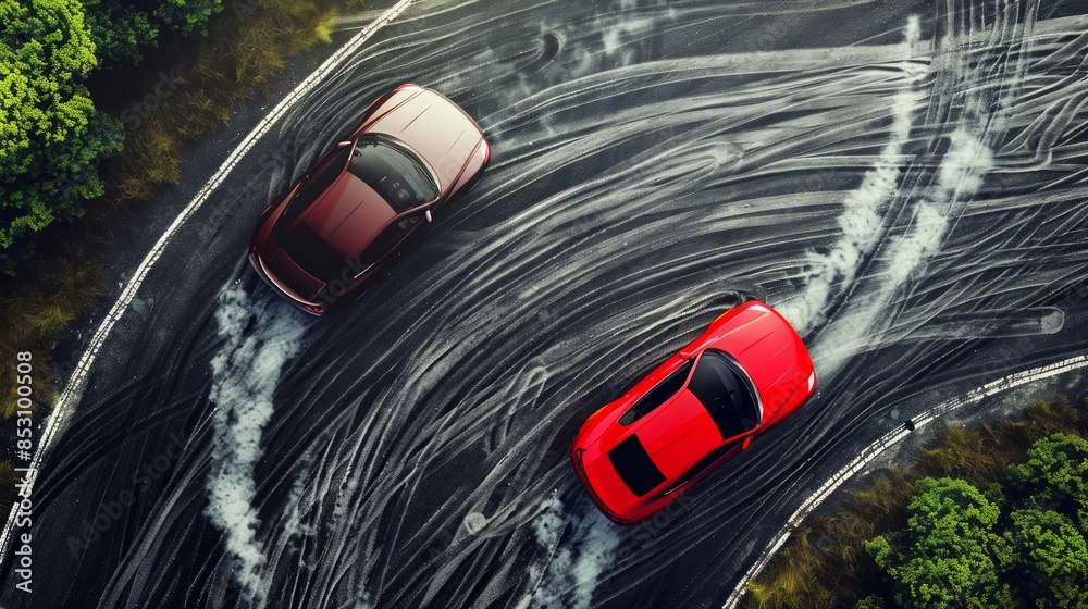 Cars top view realistic composition with asphalt road curve and ...
