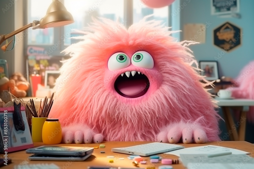 Angry office worker screams. Funny furry monster Accountant character ...