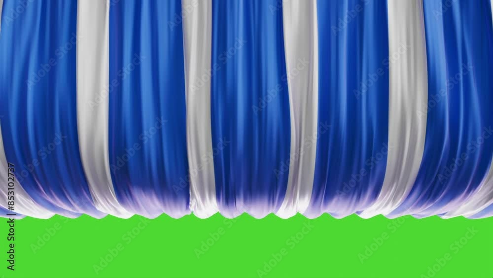 Blue striped detailed velvet fabric curtain rising or rolling up ...