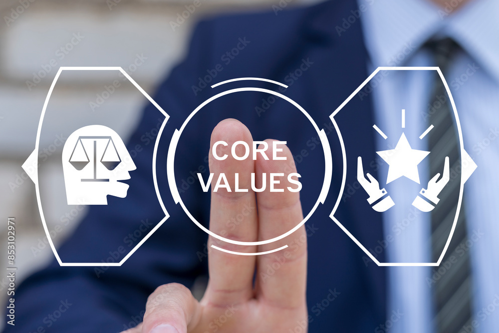 Business man working on virtual touch screen presses inscription: CORE ...