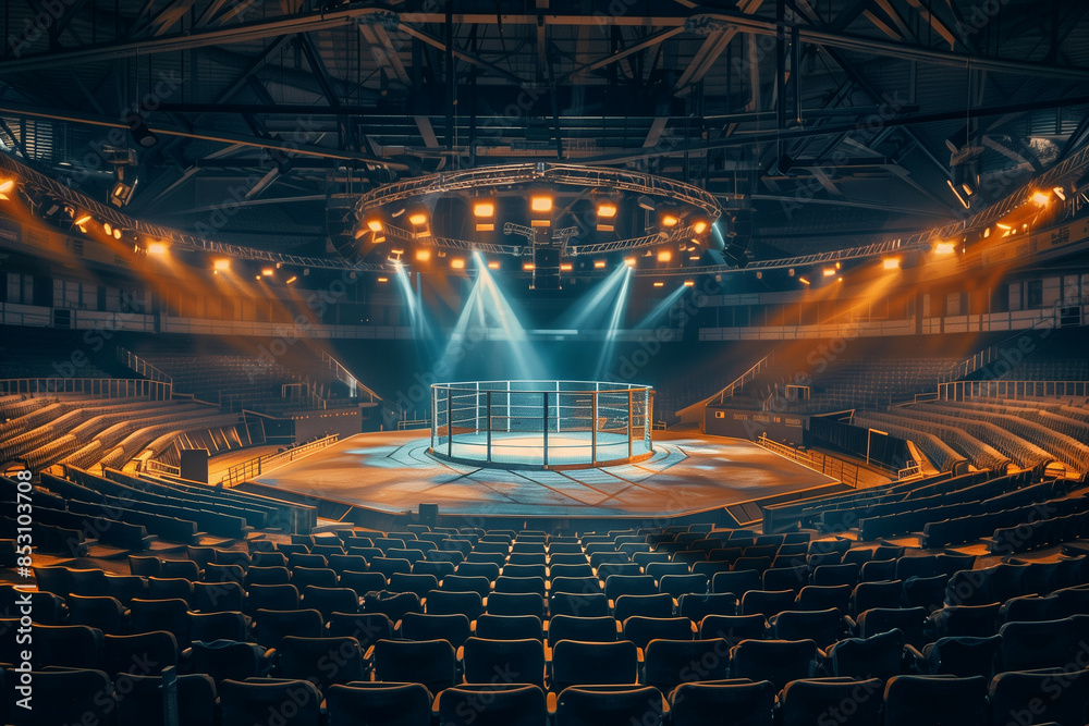 An Empty Indoor Sports Arena Featuring a Large Octagonal Cage under ...