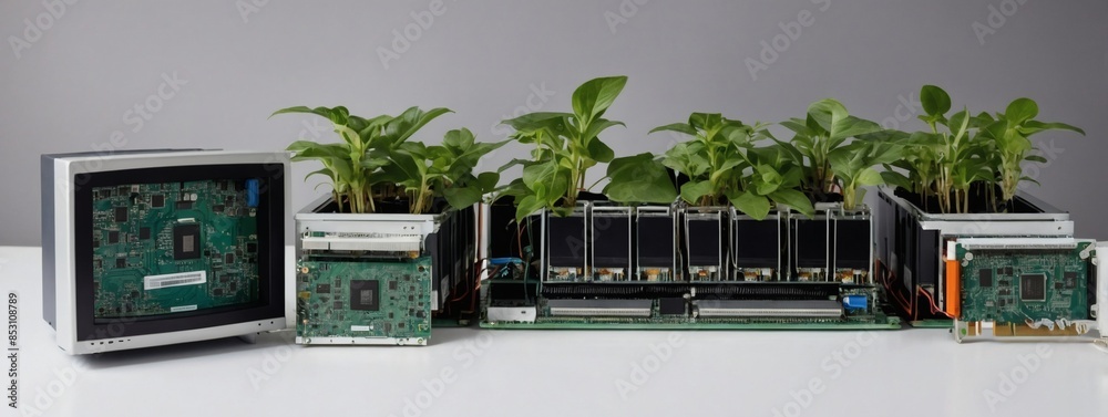 Computer with a growing tech plant, metaphor for innovation in ...