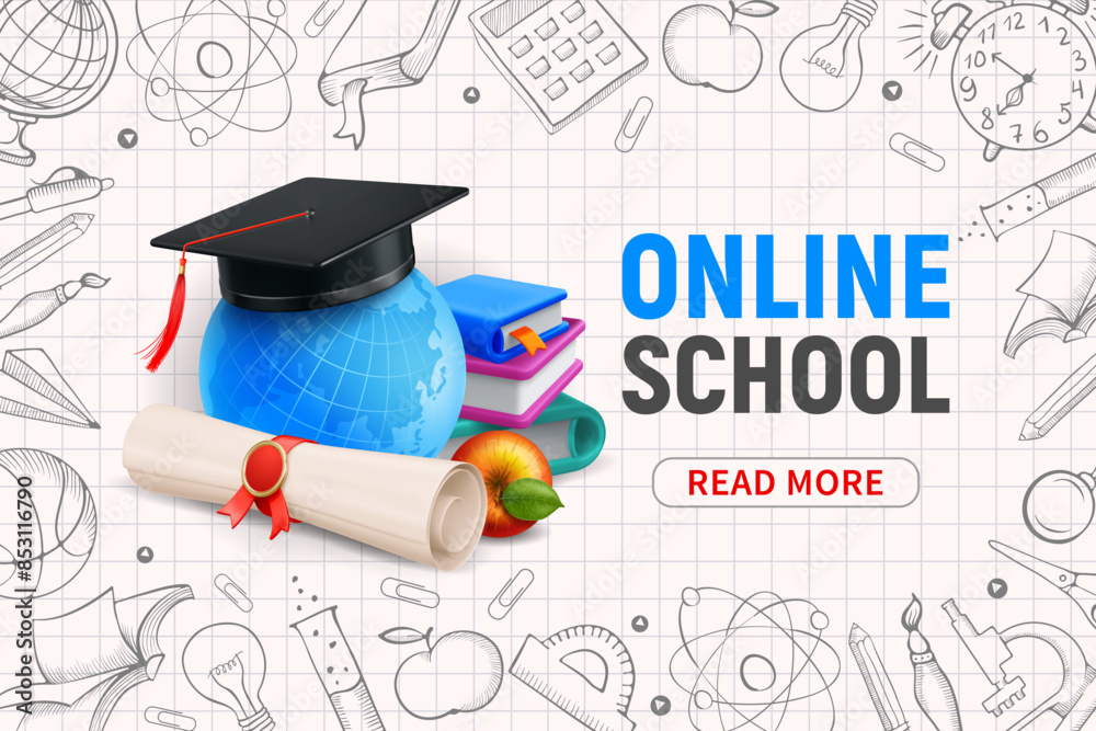 Online School, Back to School banner with graduation cap on globe ...