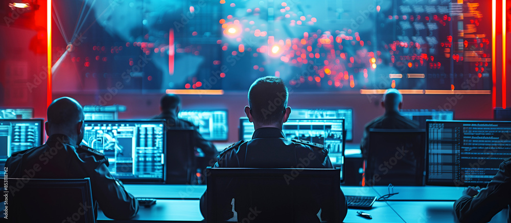 Command center with digital screens, red world map, and silhouettes of ...
