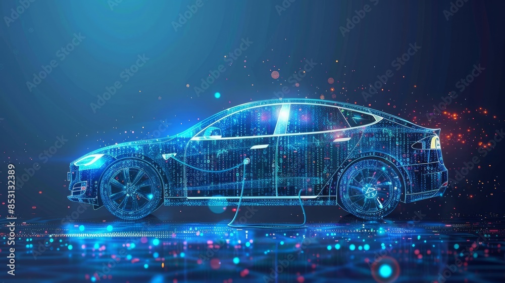 Future EV car electric plug and battery charger blue abstract digital ...