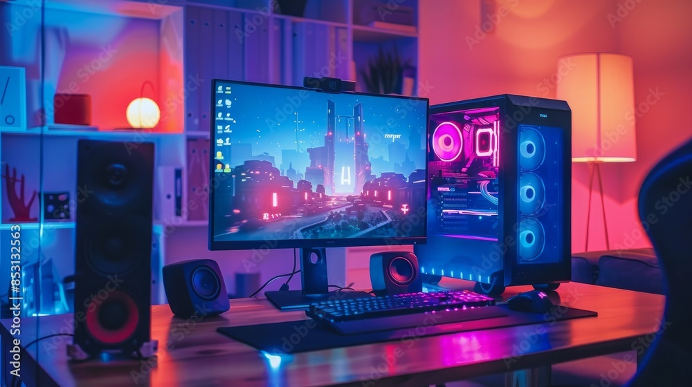 Gaming computer on desk in video gamer room with neon lights. Gaming PC ...