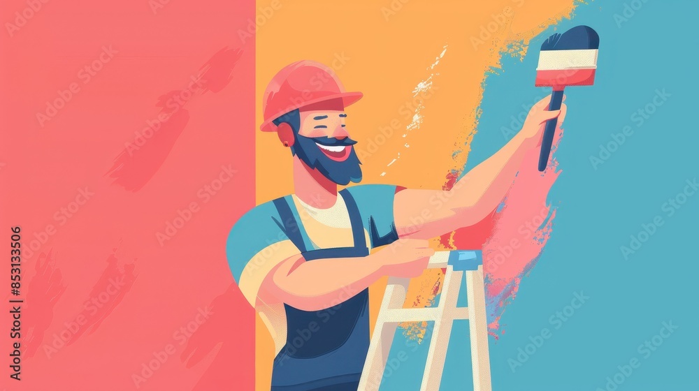 Cartoon illustration of a cheerful man painting a wall. He has a beard ...