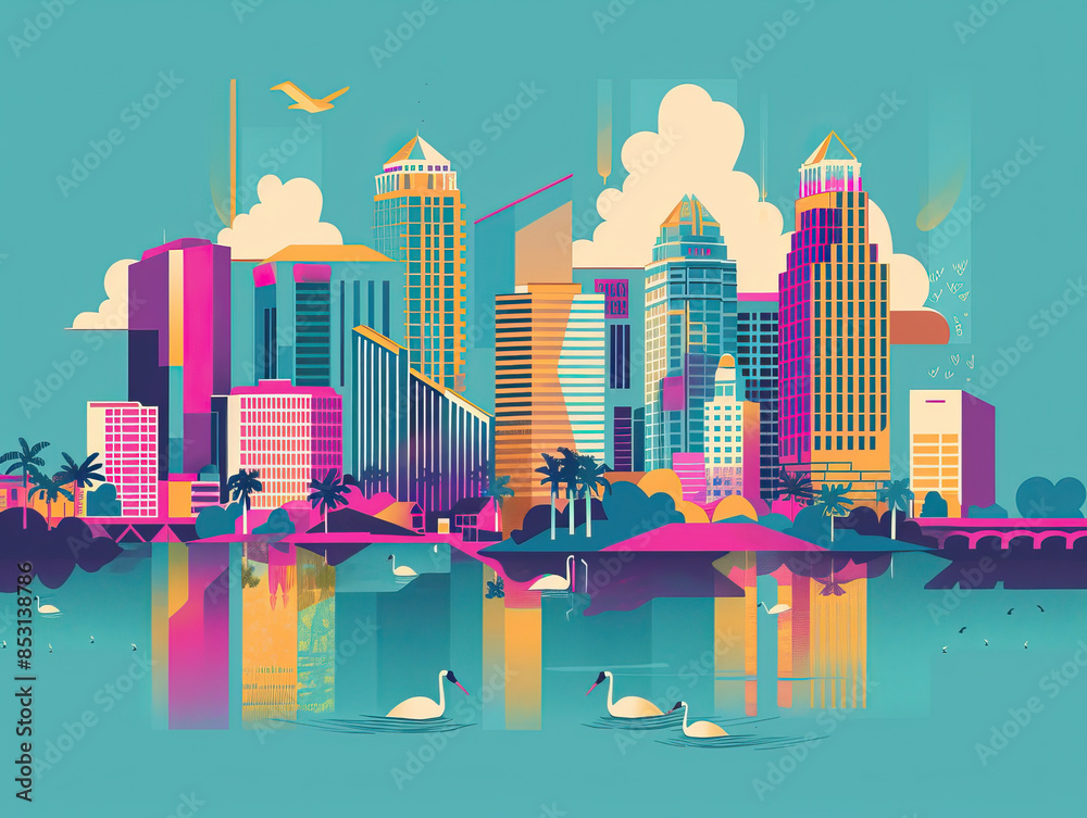 Risograph print travel poster illustration of Orlando, Florida, modern ...