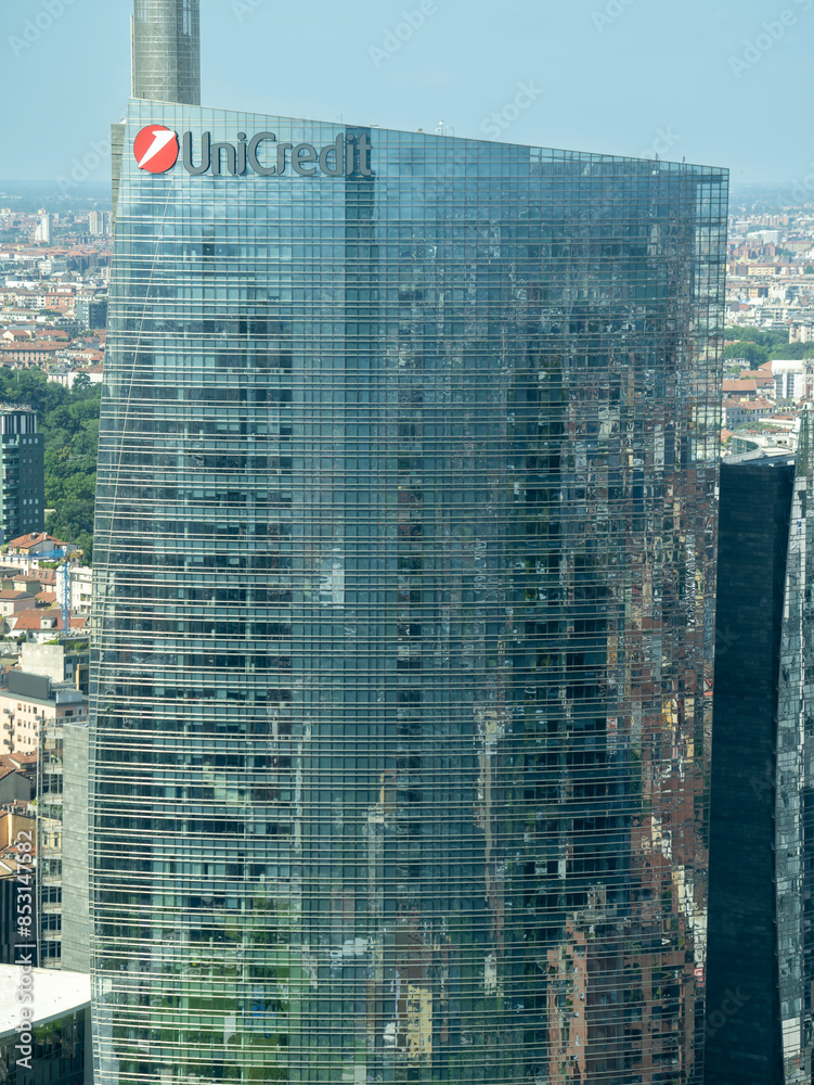 Milano, Italy. Aerial view of the iconic Unicredit tower at Porta Nuova ...
