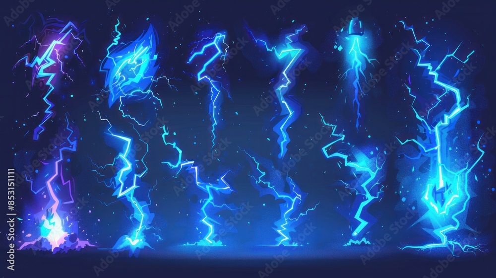 Cartoon lightning animation. Animated frames of electric strike, magic ...