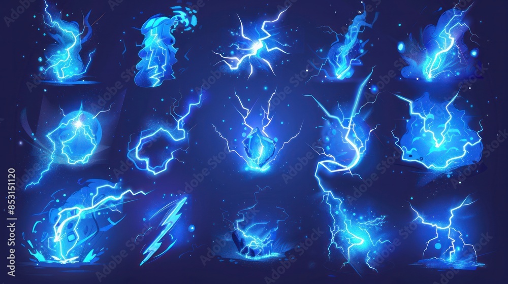 Cartoon lightning animation. Animated frames of electric strike, magic ...