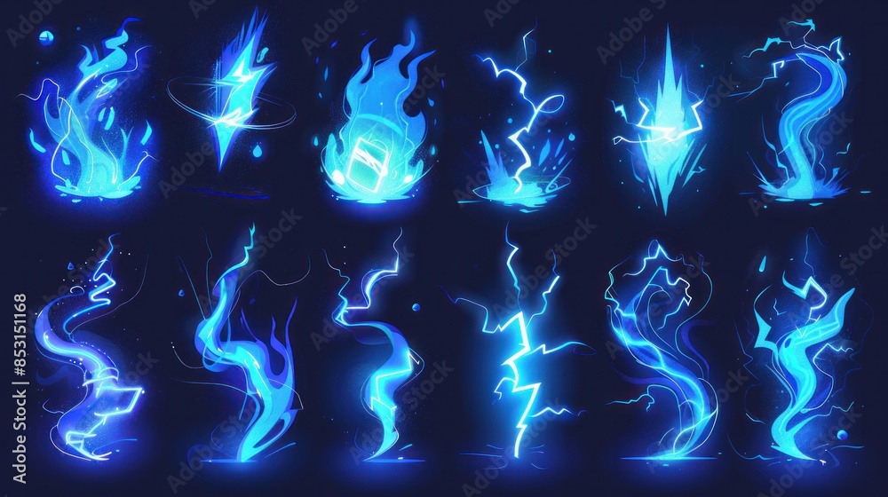 Cartoon lightning animation. Animated frames of electric strike, magic ...