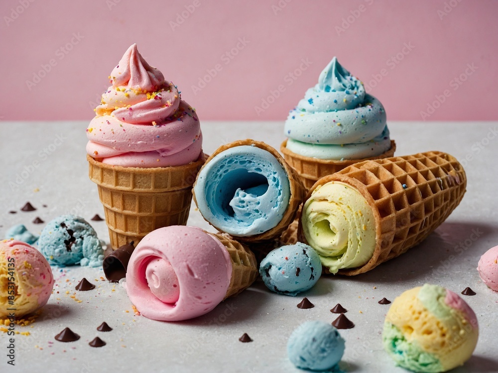 Variety of ice cream cones scatter across surface, presenting ...