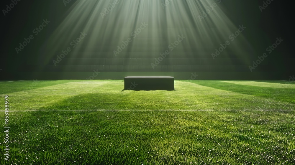 A simple stage stands alone on a soccer field, bathed in light. An ...