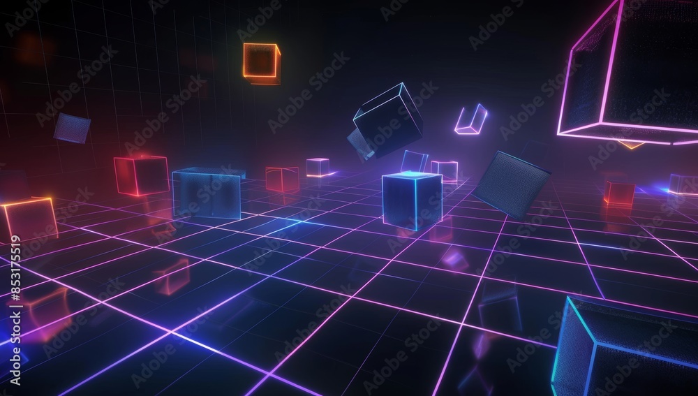 A dark background with neon grid lines and floating geometric shapes ...