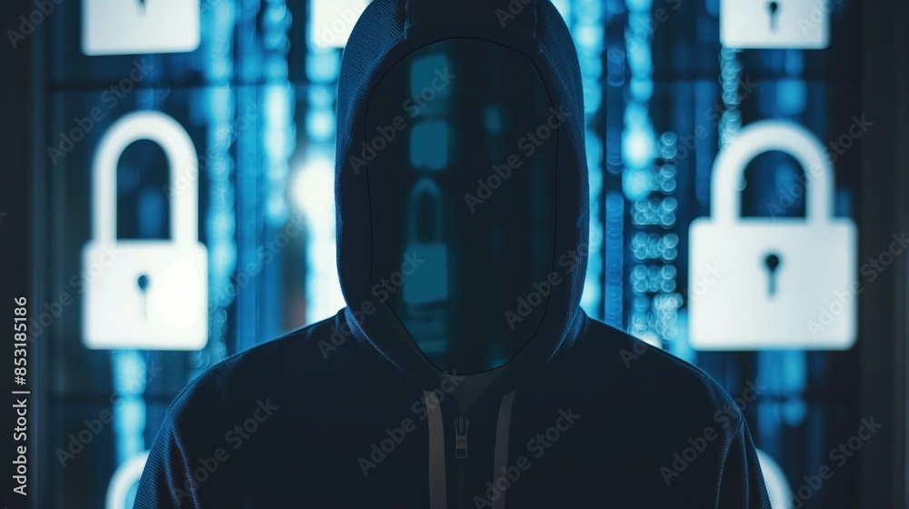 A hacker with concealed face trying to breach the password represented ...