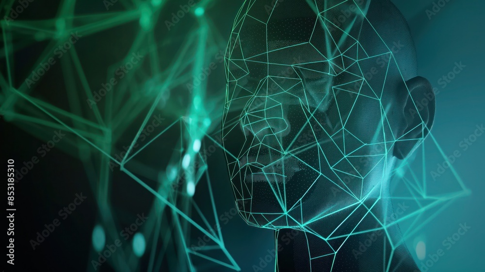 Biometrics and face recognition concept. Green digital lines forming ...