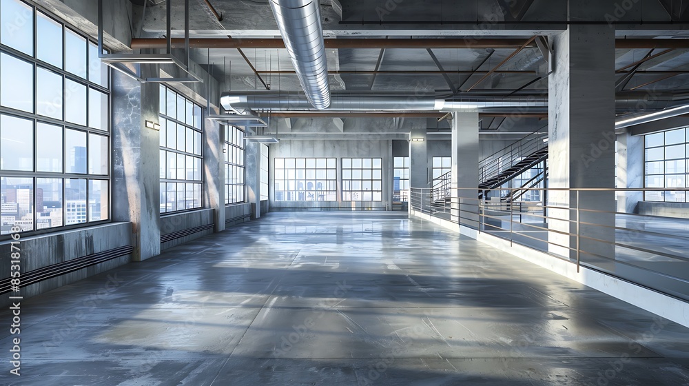 open loft space with concrete floors, metal railings, and large windows ...