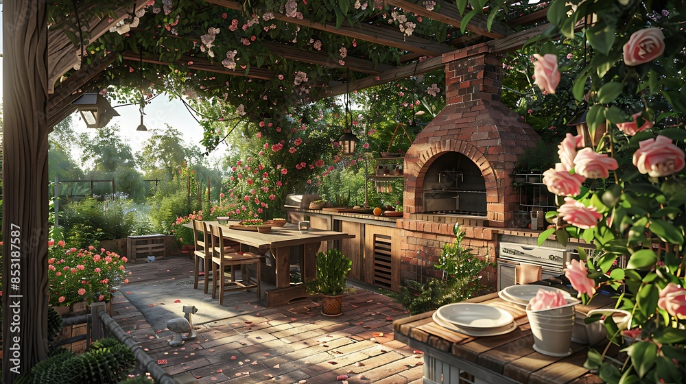 outdoor farmhouse kitchen with a brick oven, a wooden countertop, and a ...