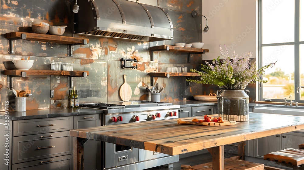 kitchen with a metal backsplash, a reclaimed wood island, and open ...