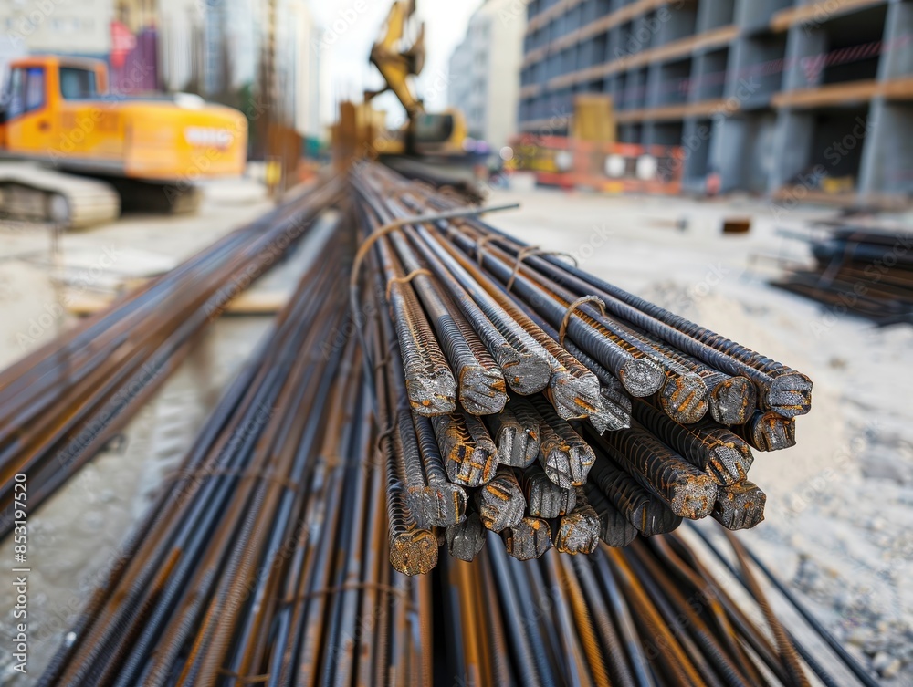 Steel rods neatly stacked at a construction site, highlighting their ...