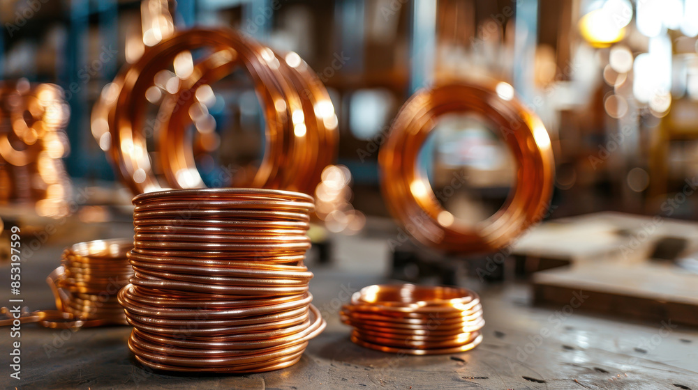 Coiled copper wires stacked in an industrial setting, highlighting ...