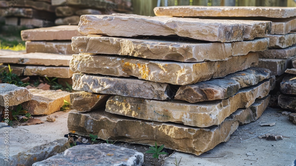 Vertical stack of rough-cut stone slabs with varied textures and earthy ...