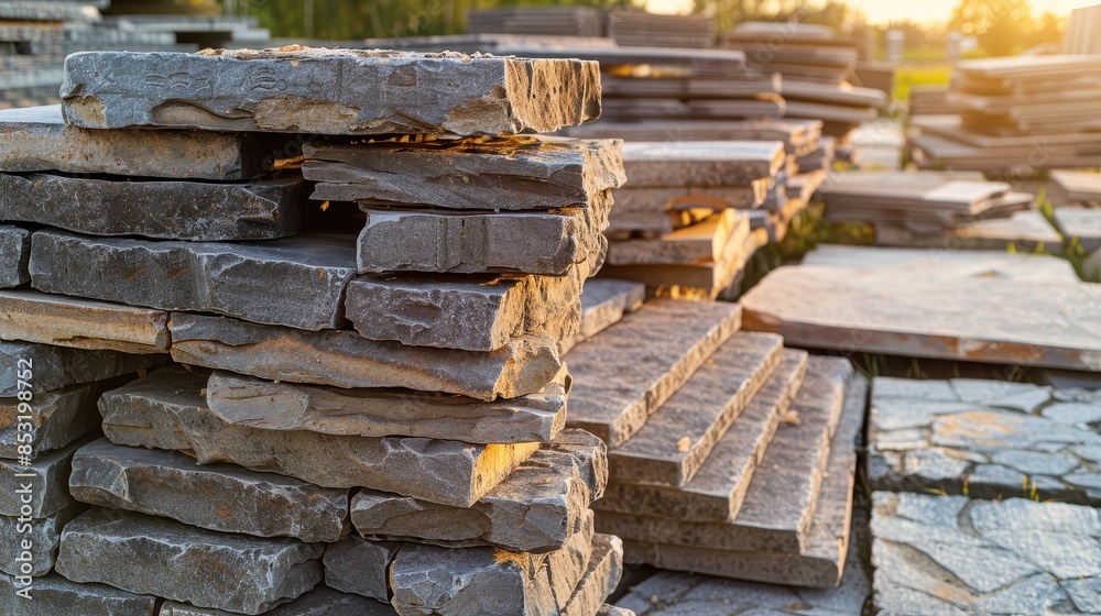 Stacked stone slabs at a construction site, showcasing natural building ...
