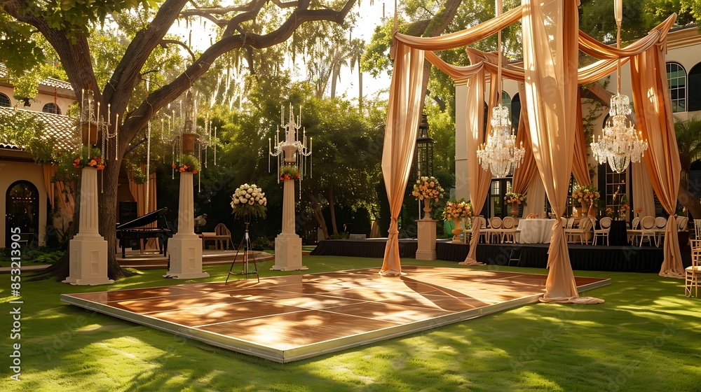 elegant outdoor ballroom floor set on a lawn, with a portable dance ...