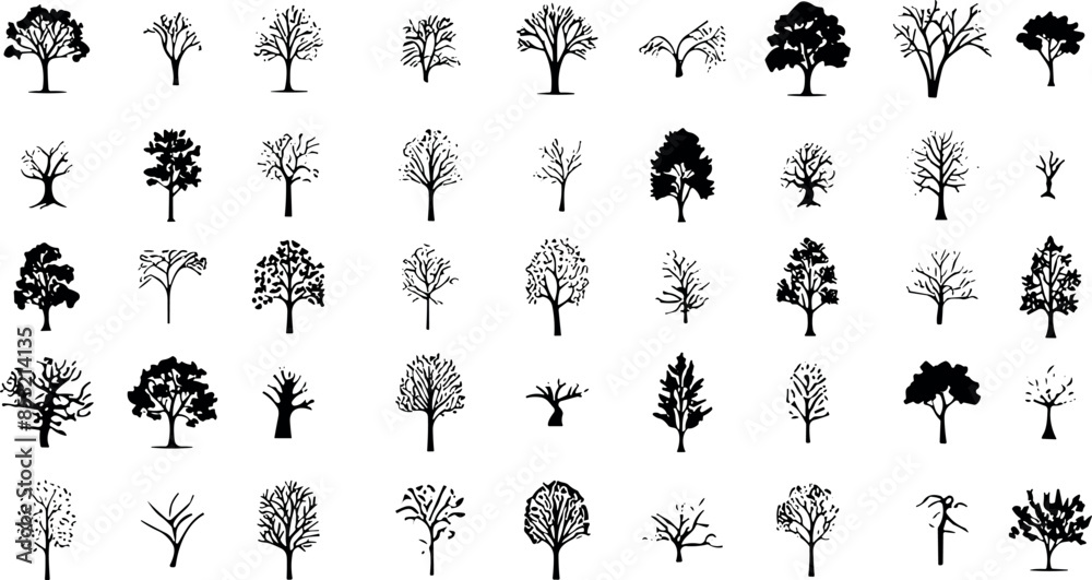 silhouette tree line drawing set, Side view, set of graphics trees ...