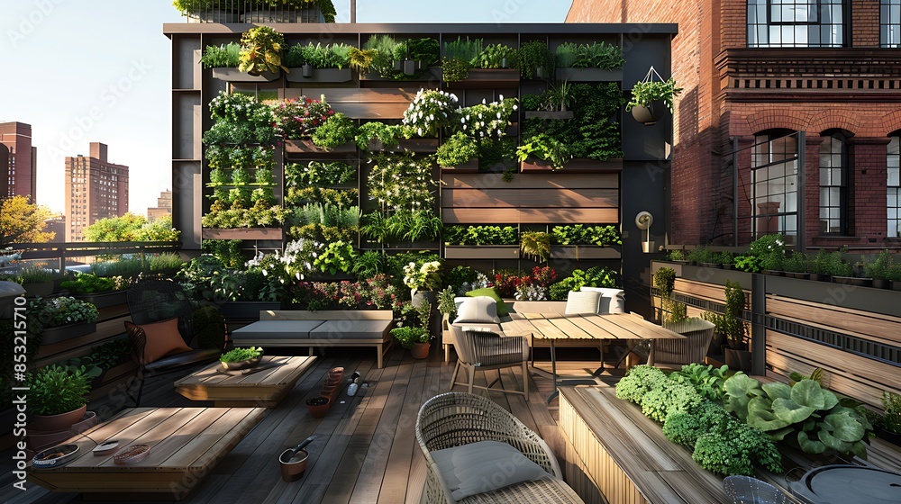 expansive rooftop terrace with modular green living walls, eco-friendly ...