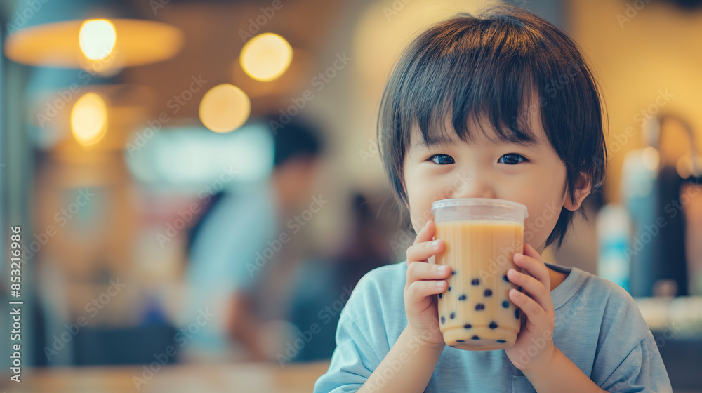 Asian child drinking boba tea in cafe, enjoying delicious milk tea ...