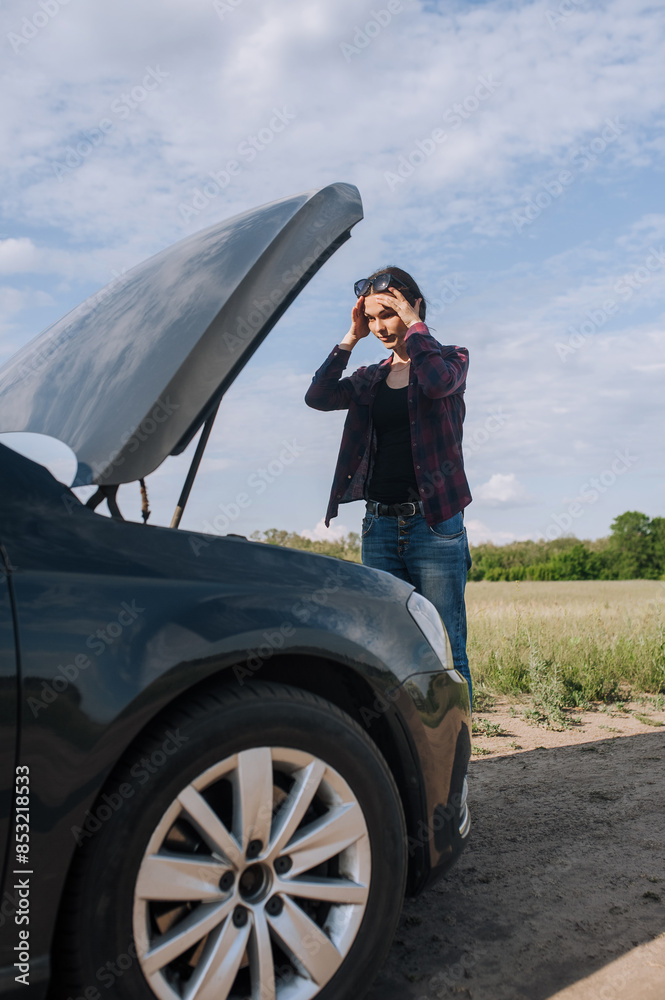 Foto de Young upset sad beautiful lonely woman driver stands near a ...