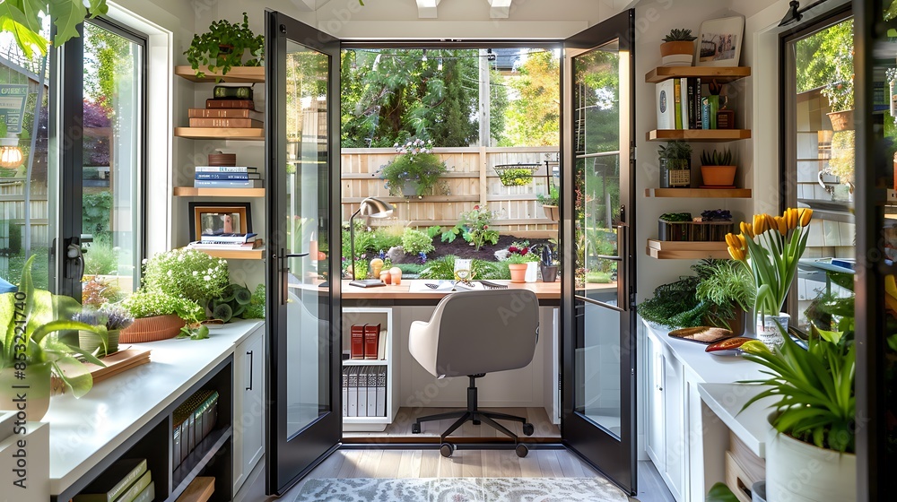 cozy garden shed transformed into a chic outdoor office with glass ...