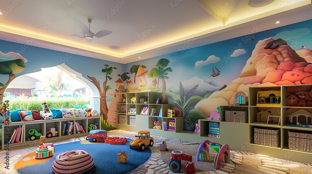 deluxe childrena??s playroom with imaginative play areas, vibrant ...