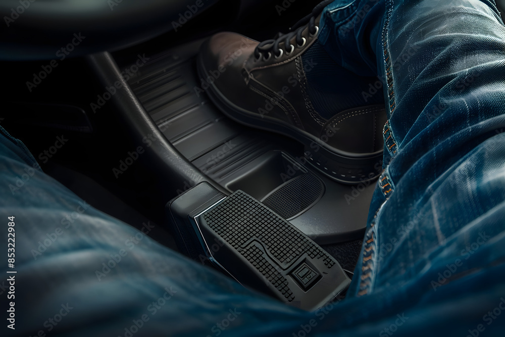 Car accelerate and brake foot pedal. Close up foot press or push foot ...