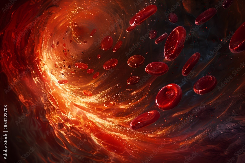 Normal blood vessel, vein with red cells erythrocytes inside close up ...