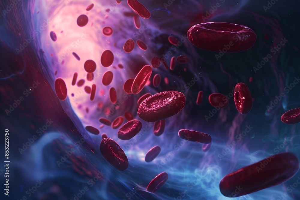 Normal blood vessel, vein with red cells erythrocytes inside close up ...