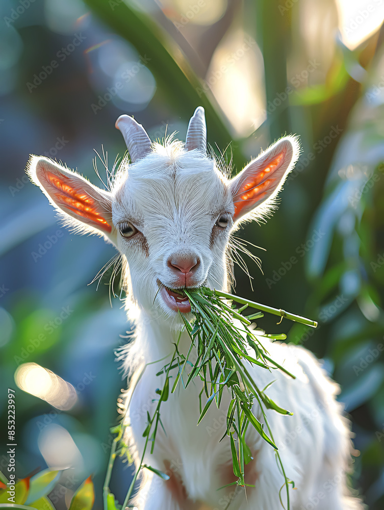 Cute baby goat eating grass in the garden at sunset time. Stock Photo ...