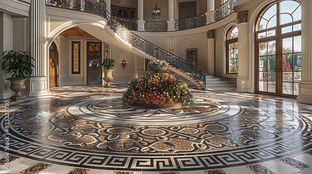 grand foyer with a stunning mosaic tile floor design, a majestic ...