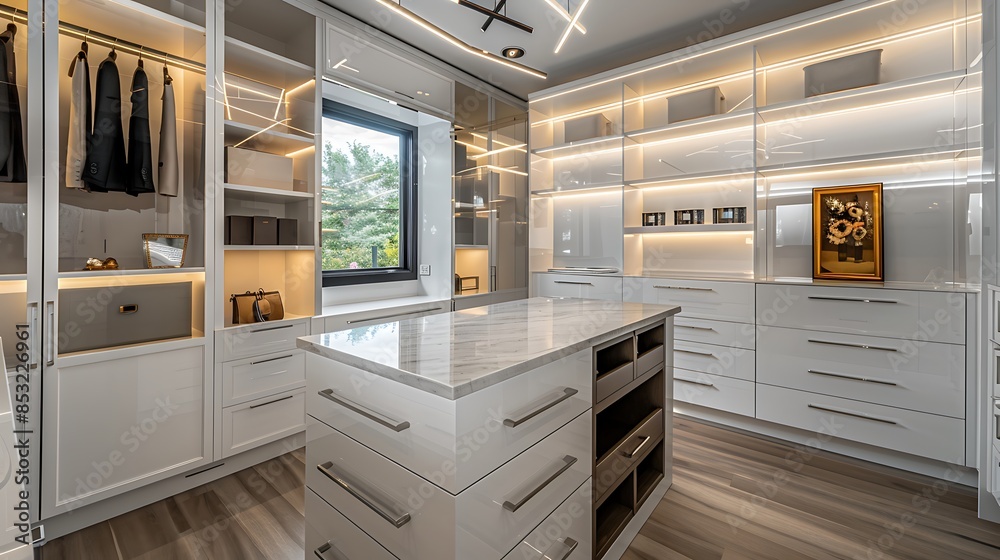 high-end boutique closet with custom cabinetry in glossy white, an ...