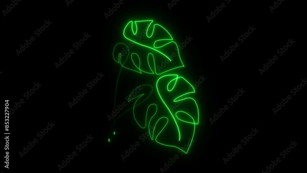 Neon monstera leaf. Monstera palm. Glowing green outline. Self drawing ...