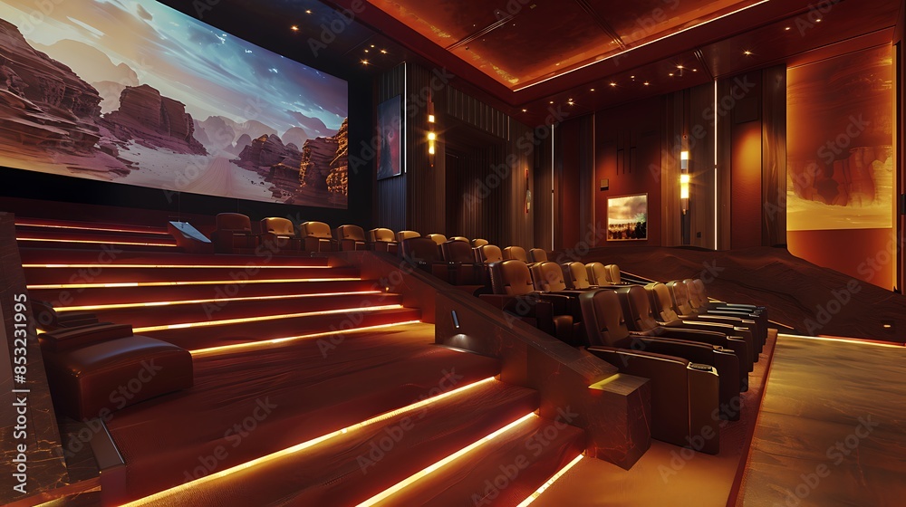 luxurious media room with tiered seating, a large projection screen ...