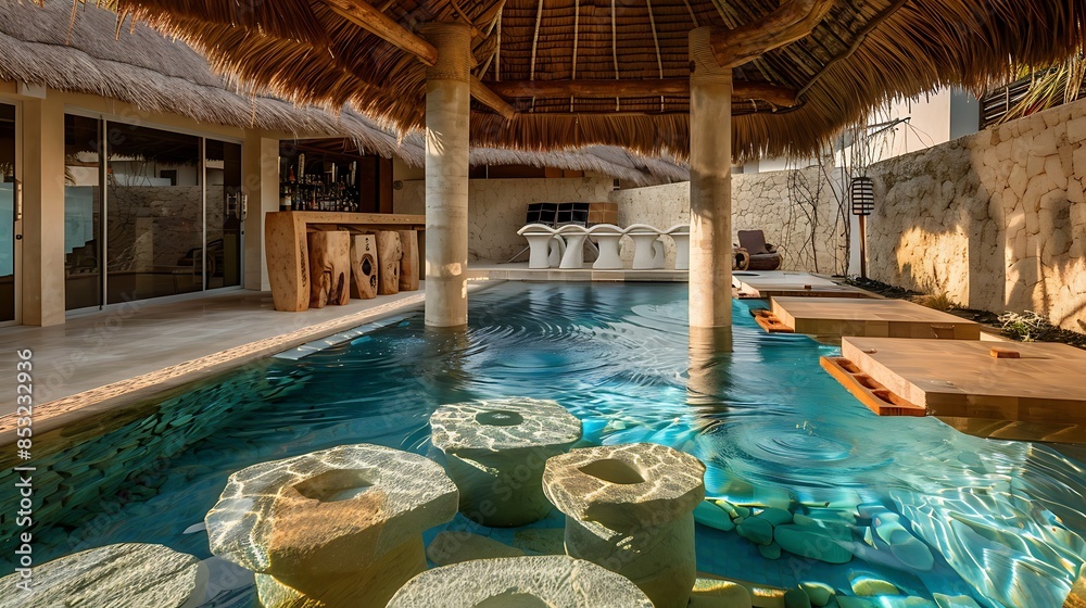 luxurious pool area with a swim-up bar, underwater stools made from ...