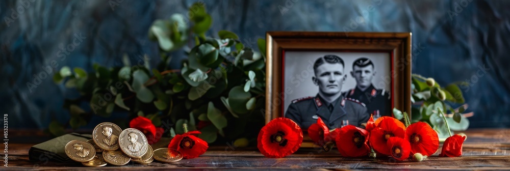 Still life for a commemoration day, with medals, a folded flag, poppies ...