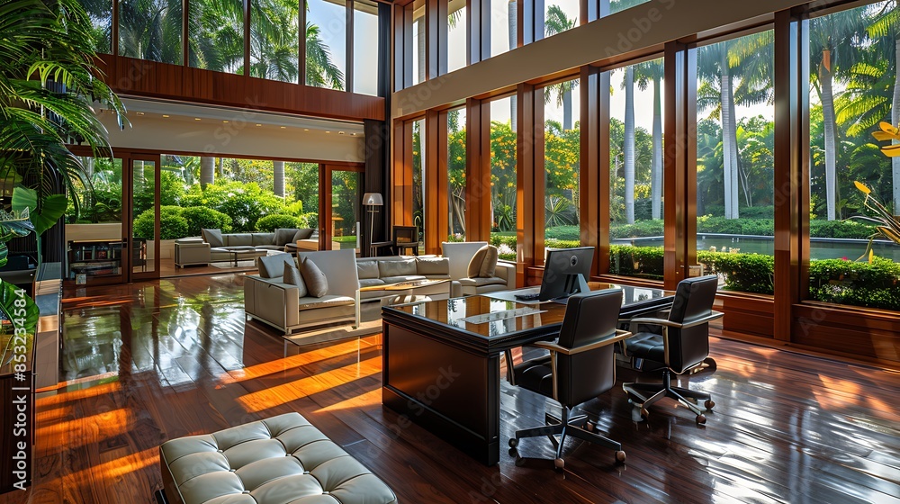 majestic home office with floor-to-ceiling windows that overlook a ...