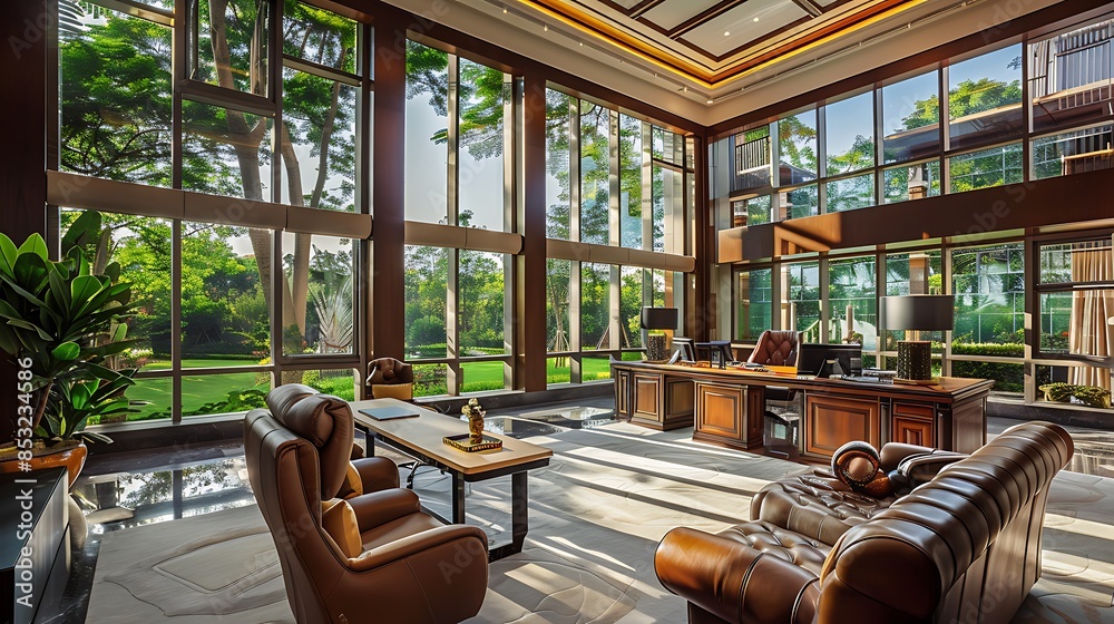 majestic home office with floor-to-ceiling windows that overlook a ...
