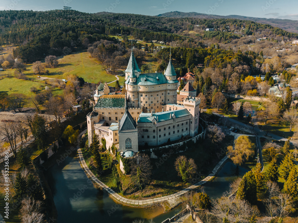 Aerial panoramic view of Bojnicky Zamok, medieval castle in Bojnice ...